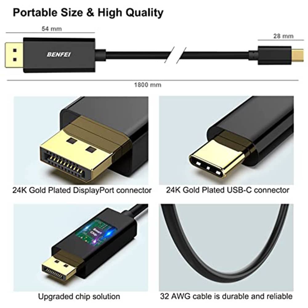 BENFEI USB C to DisplayPort Cable, 4K@60Hz 1.8M Thunderbolt 3 (USB-C ...