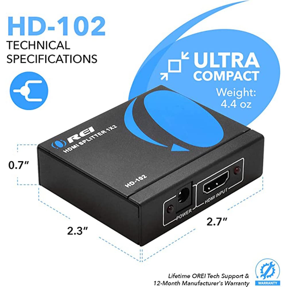 OREI HDMI Splitter 1 in 2 Out 4K - 1x2 HDMI Display Duplicate/Mirror ...