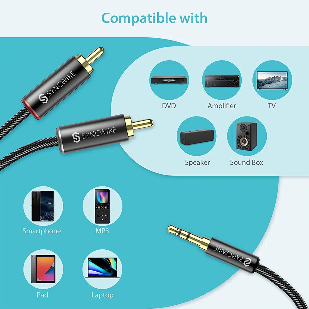 Syncwire RCA Audio Cable 1.8m, 3.5 mm Jack to 2 RCA Phono Y Splitter Cable - AX STORE